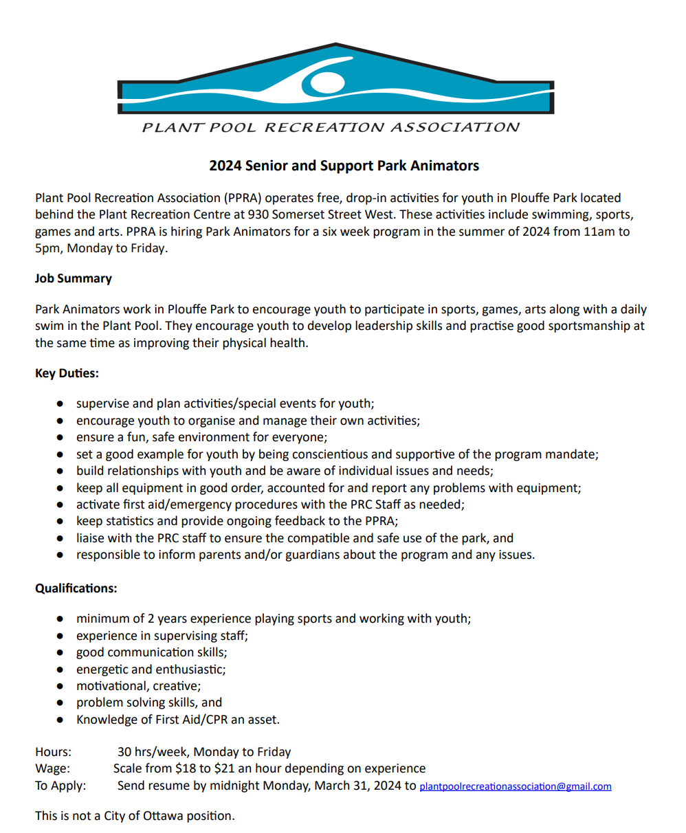 2024 Senior and Support Park Animators - Plant Pool Recreation Association